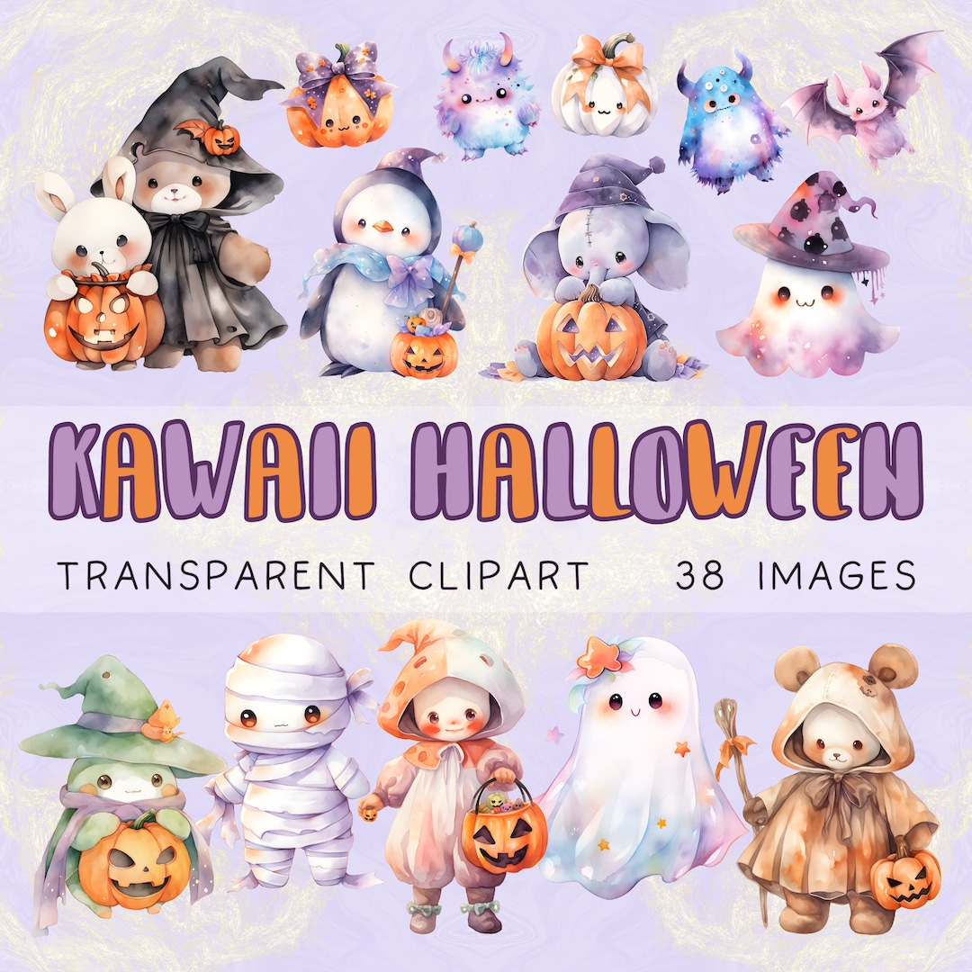 Halloween Clipart Bundle, Cute Kawaii Halloween Clipart, Transparent ...