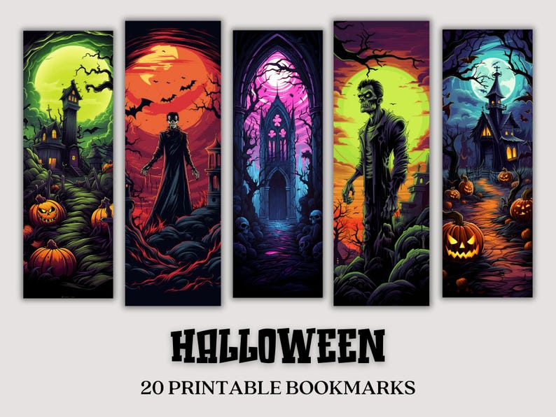 Halloween Printable Bookmarks, 20 Halloween Bookmark Designs PNG JPG ...
