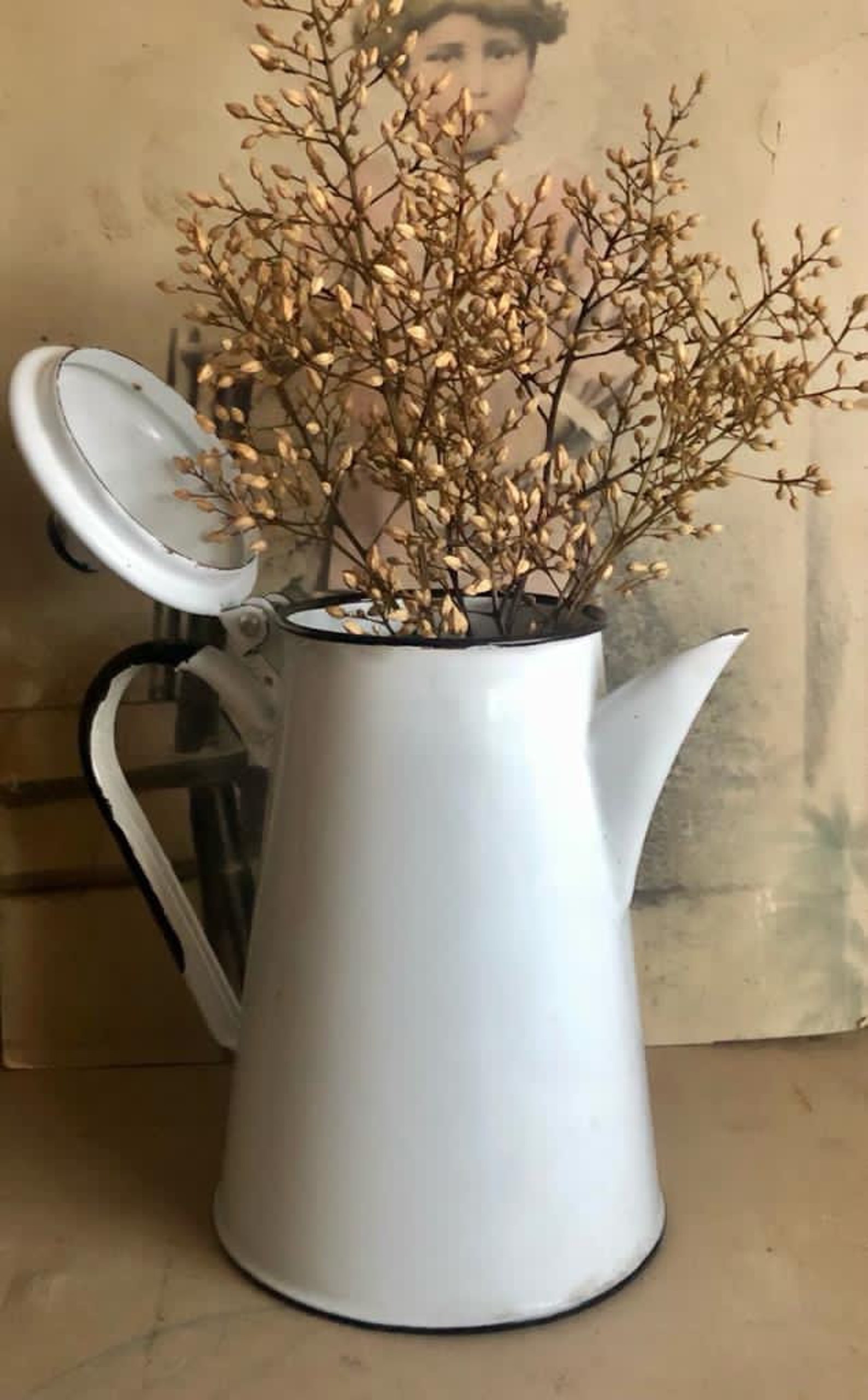 Antique Enamel Jug With Lid/antique Enamel Kitchen Decor/vintage White ...