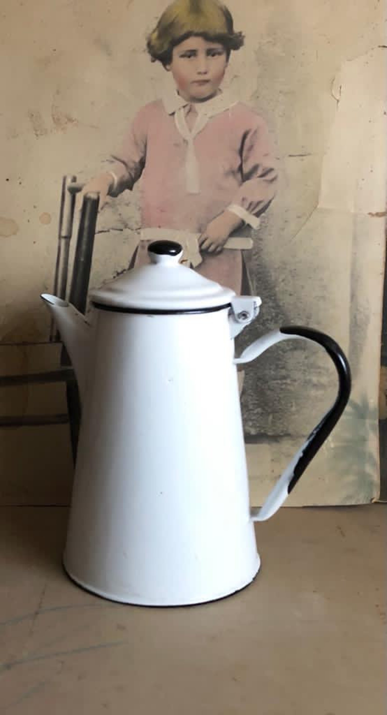 Antique Enamel Jug With Lid/antique Enamel Kitchen Decor/vintage White ...
