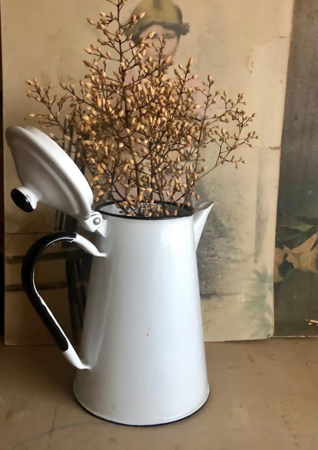 Antique Enamel Jug With Lid/antique Enamel Kitchen Decor/vintage White ...