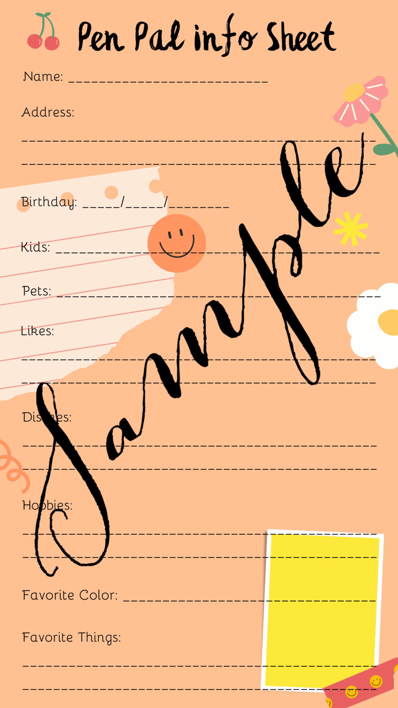 Pen Pal Information Sheet Printable PDF Instant Download | Etsy