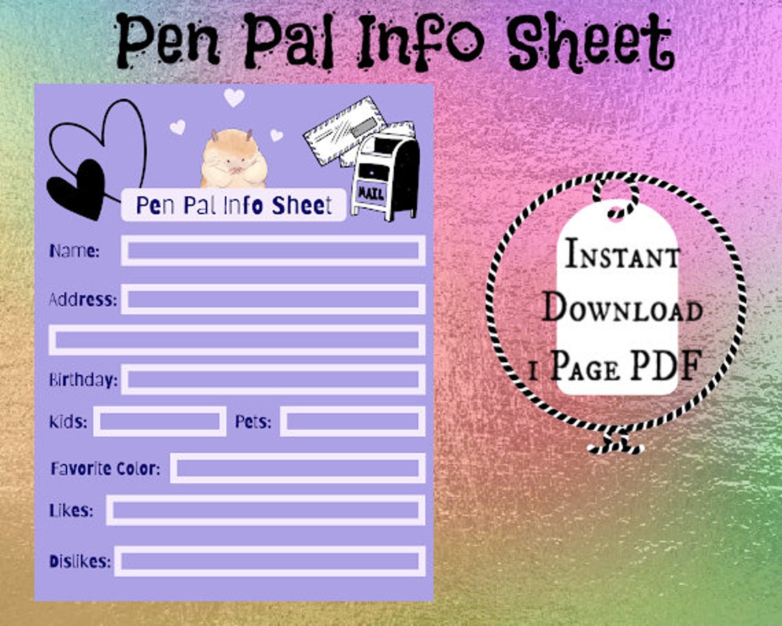 Pen Pal Information Sheet Printable PDF Instant Download - Etsy