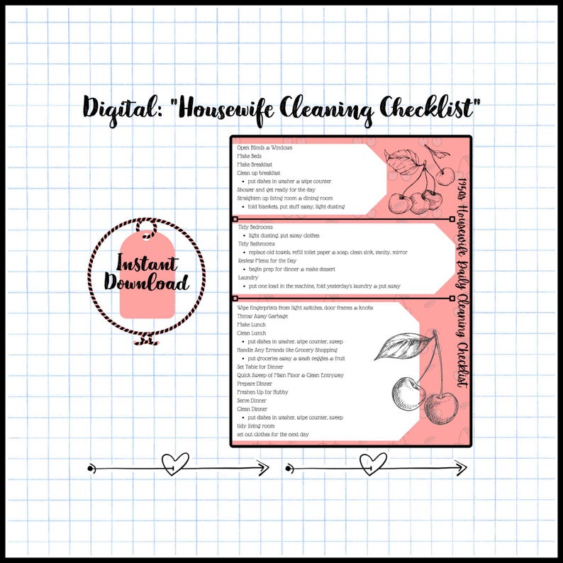 1950s Housewife Cleaning Checklist | Printable | PDF Instant Download ...