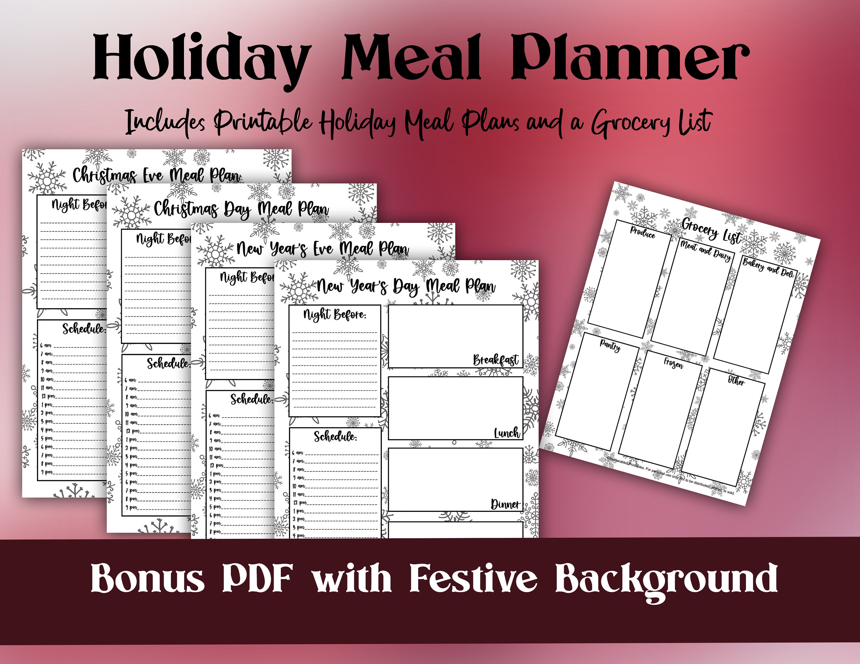 Holiday Meal Planner With Cooking Schedule and Grocery List, Christmas ...