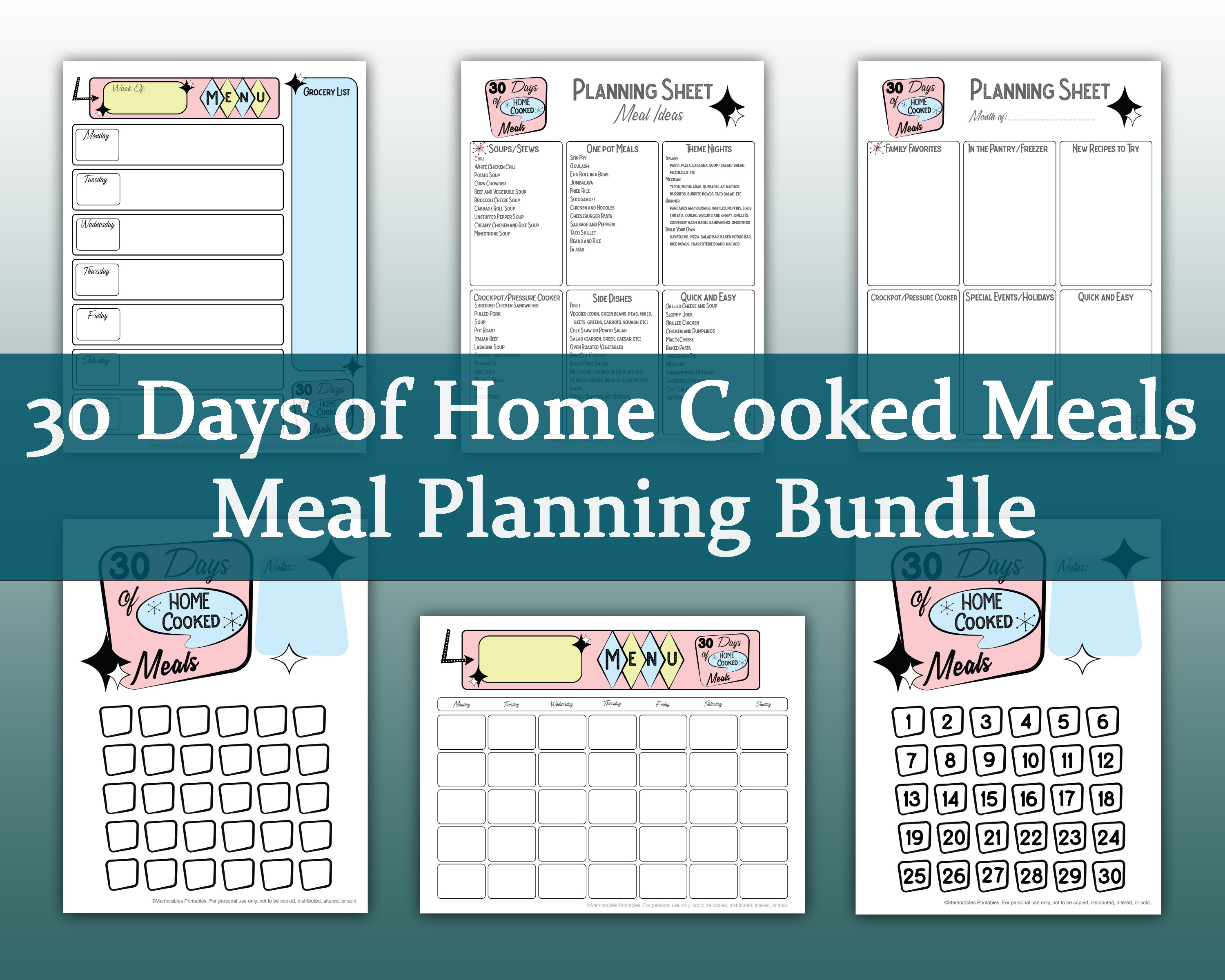 Menu Planner Bundle, Retro, Weekly Menu Plan, Monthly Menu Plan, 30 ...
