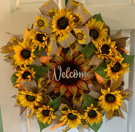 Sunflower wreath-welcome wreath-ribbon burlap flower wreath. | Etsy