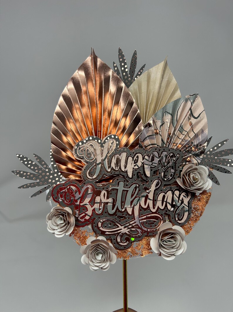 Rosy Elegance Happy Birthday Cake Topper Party Decoration Rose Gold Paper Palm - Etsy