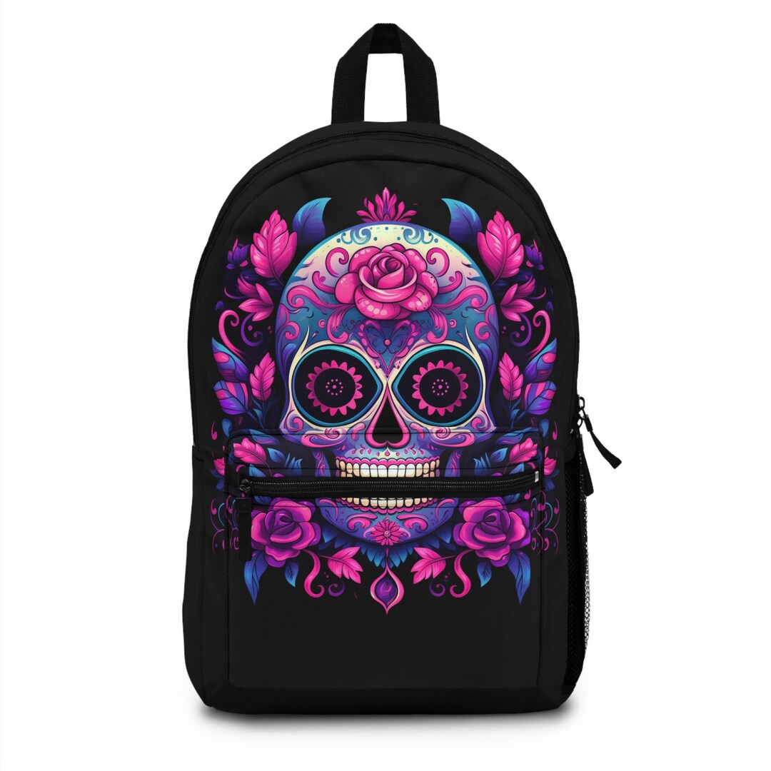 Day of the Dead Dia De Los Muertos Pink Purple Blue Skull and Flowers ...