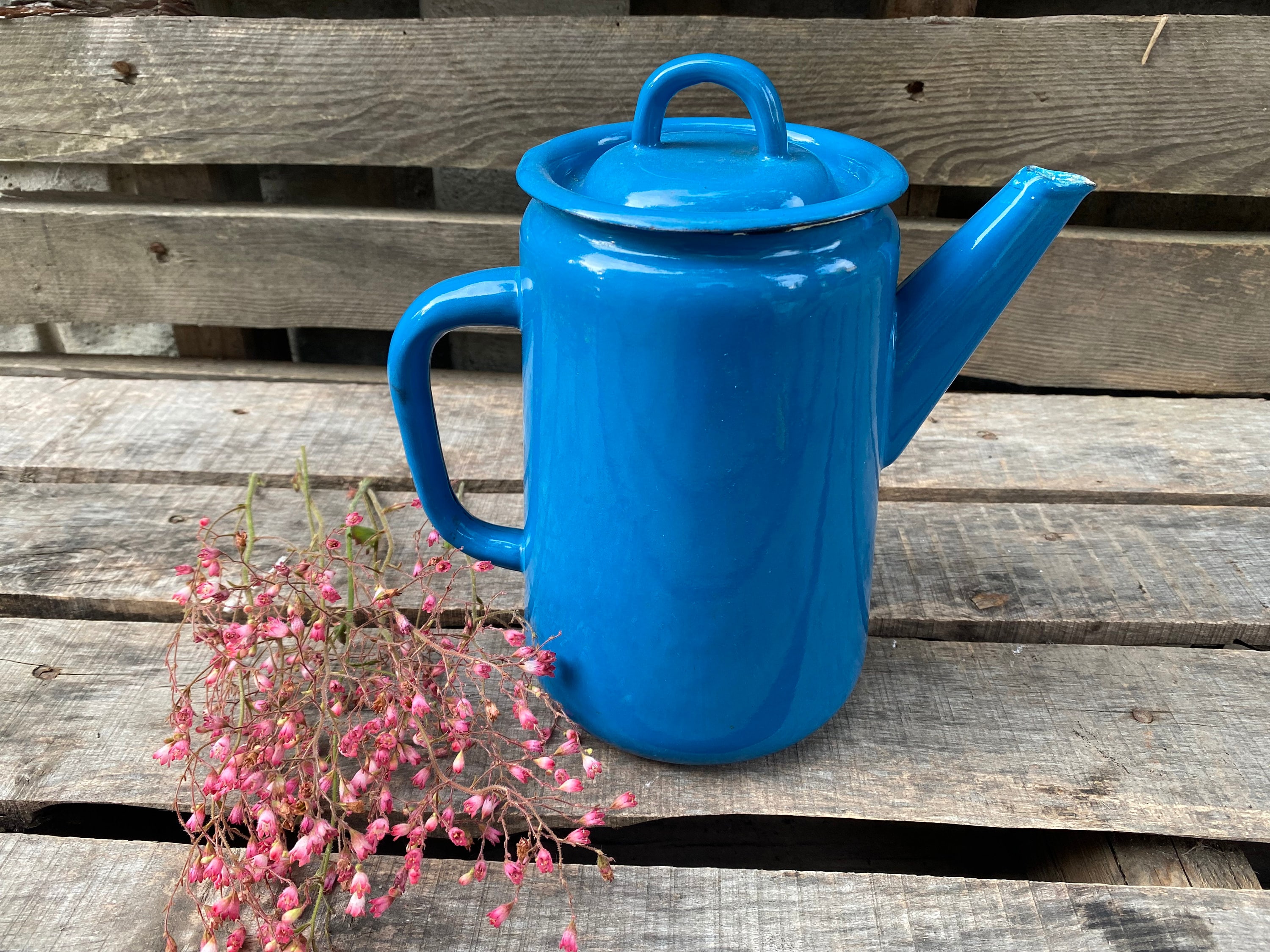 Blue Teapot Enamel coffee and tea pot Rustic Tea Kettle Vintage metal ...