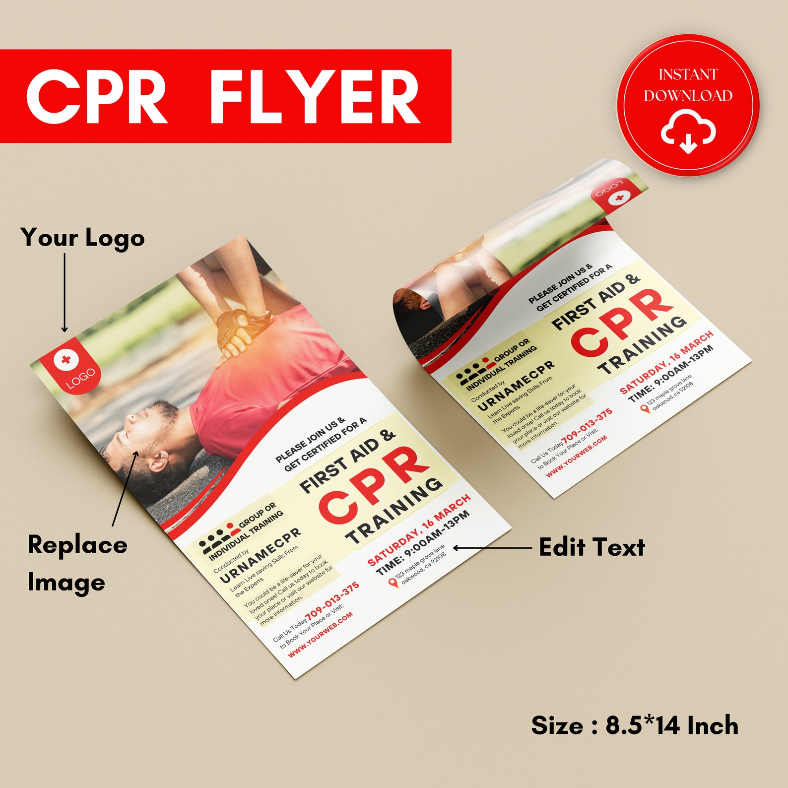 CPR Training Flyer: Editable First Aid Canva Template (8.5 X 14 Inches ...