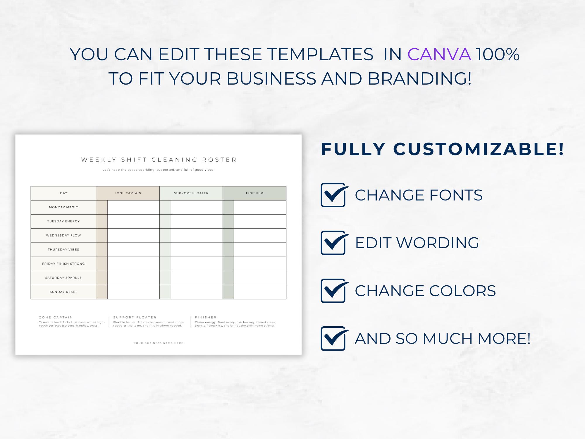 Staff Cleaning Rotation Chart, Cleaning Schedule for Business, Weekly ...