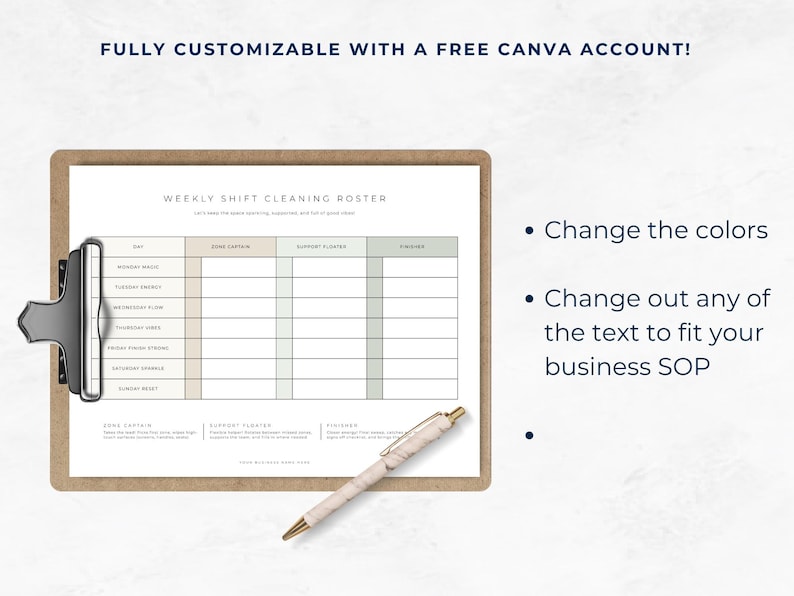 Staff Cleaning Rotation Chart, Cleaning Schedule for Business, Weekly ...