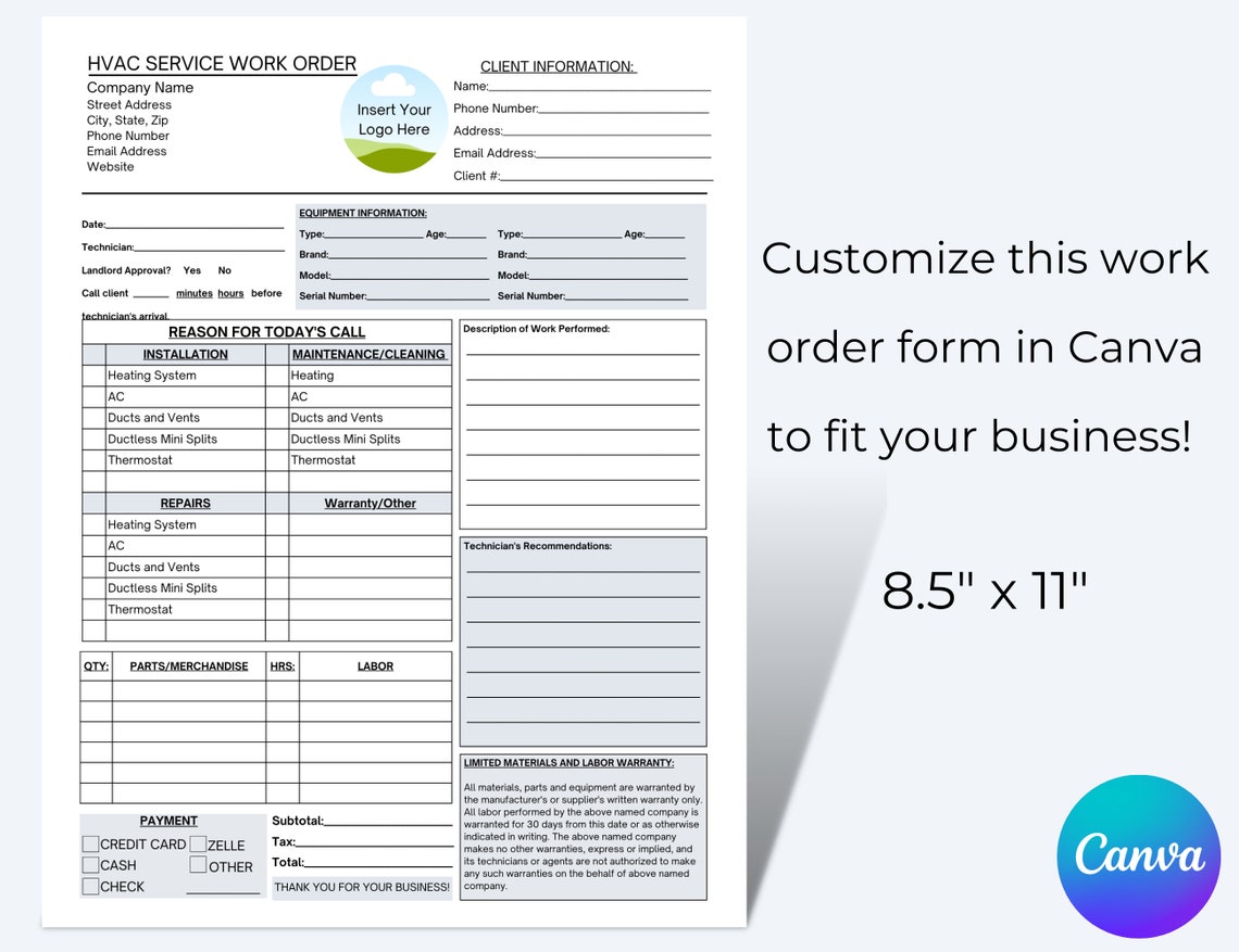 HVAC Service Work Order, HVAC Work Order, Heating and Cooling Work ...