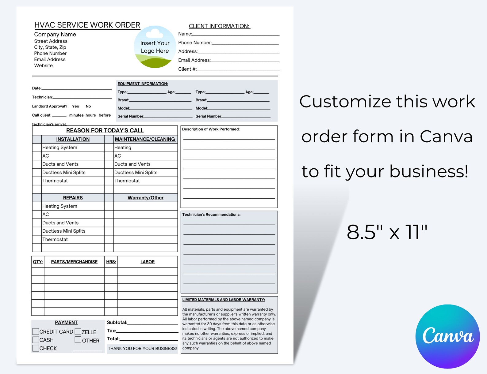 HVAC Service Work Order, HVAC Work Order, Heating and Cooling Work ...