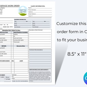 HVAC Service Work Order, HVAC Work Order, Heating and Cooling Work ...