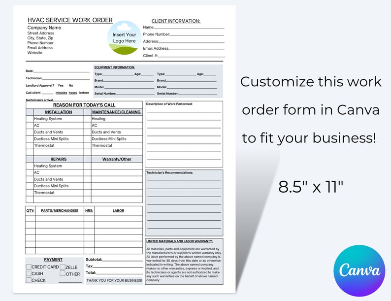 HVAC Service Work Order, HVAC Work Order, Heating and Cooling Work ...