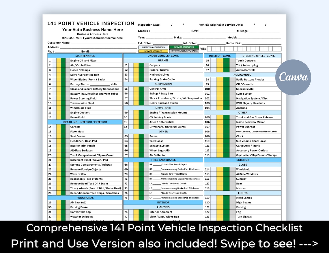 Comprehensive Vehicle Inspection Checklist, 141 Point Vehicle ...