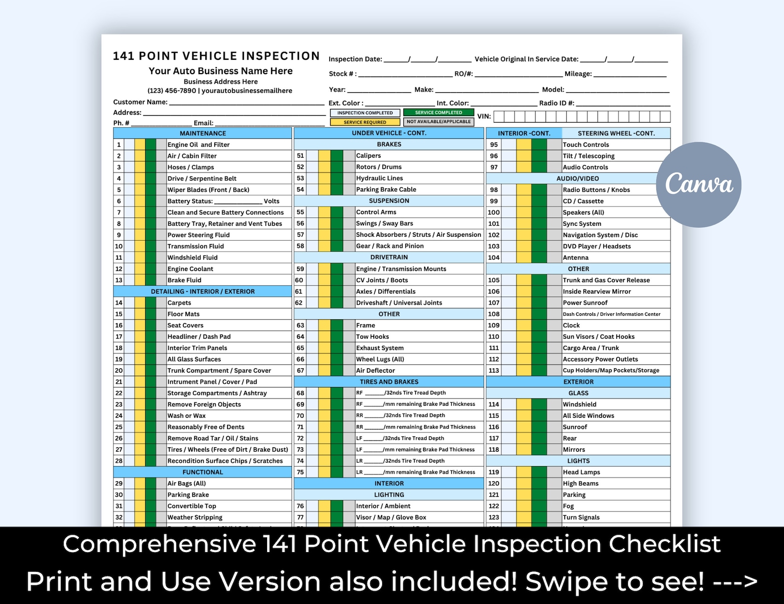 Comprehensive Vehicle Inspection Checklist, 141 Point Vehicle ...