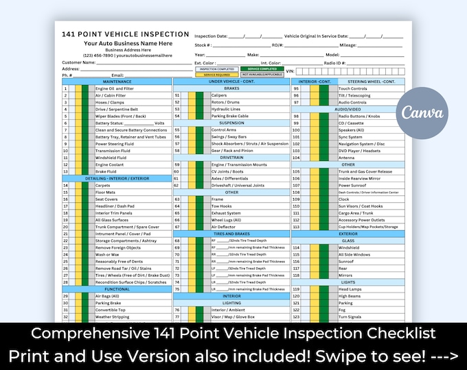 Comprehensive Vehicle Inspection Checklist, 141 Point Vehicle ...