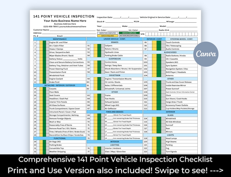 Comprehensive Vehicle Inspection Checklist, 141 Point Vehicle ...