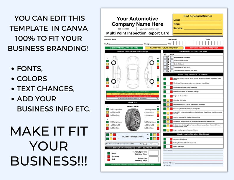 Visual Vehicle Inspection Report Card, Editable PDF Multi-point Vehicle ...