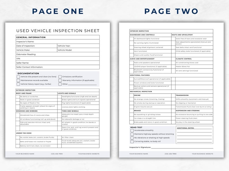Used Vehicle Inspection Checklist, Second Hand Car Inspection Sheet, Editable Maintenance Record ...
