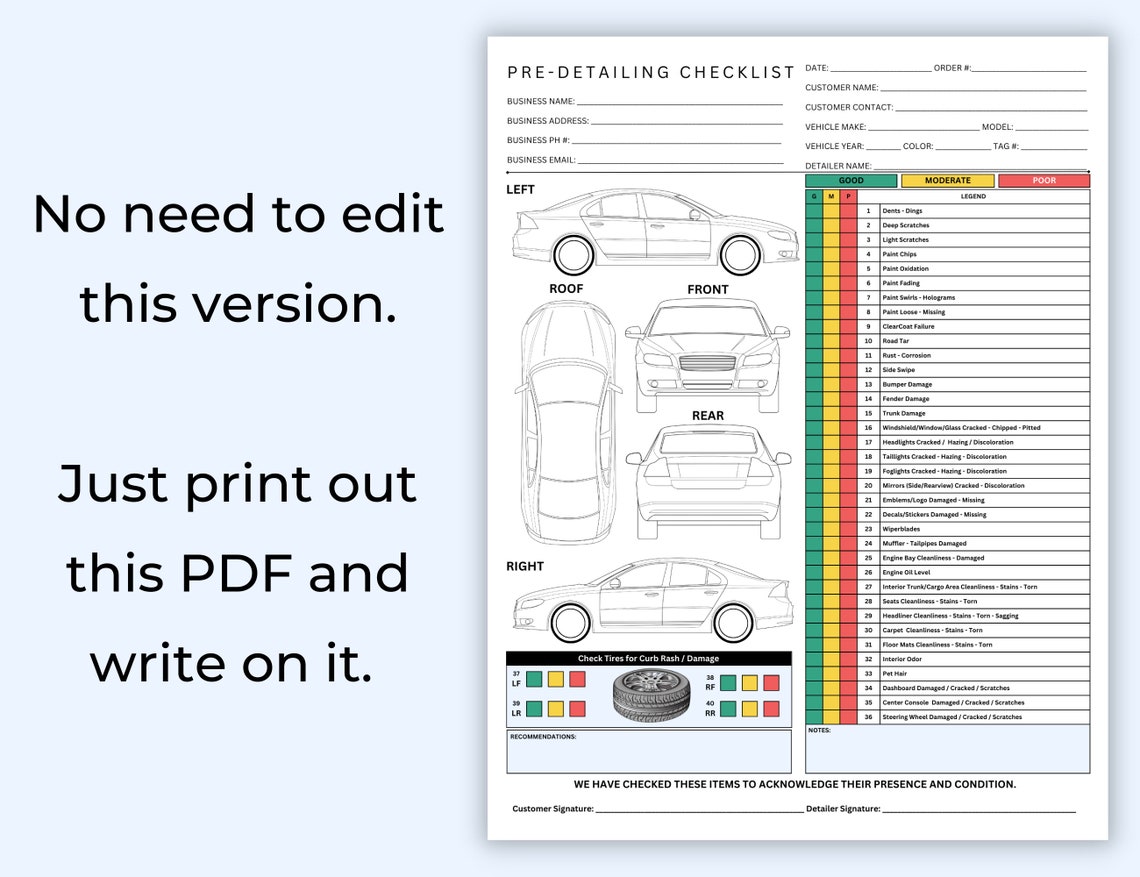 Pre-detailing Vehicle Inspection Checklist, Editable Checklist Template ...