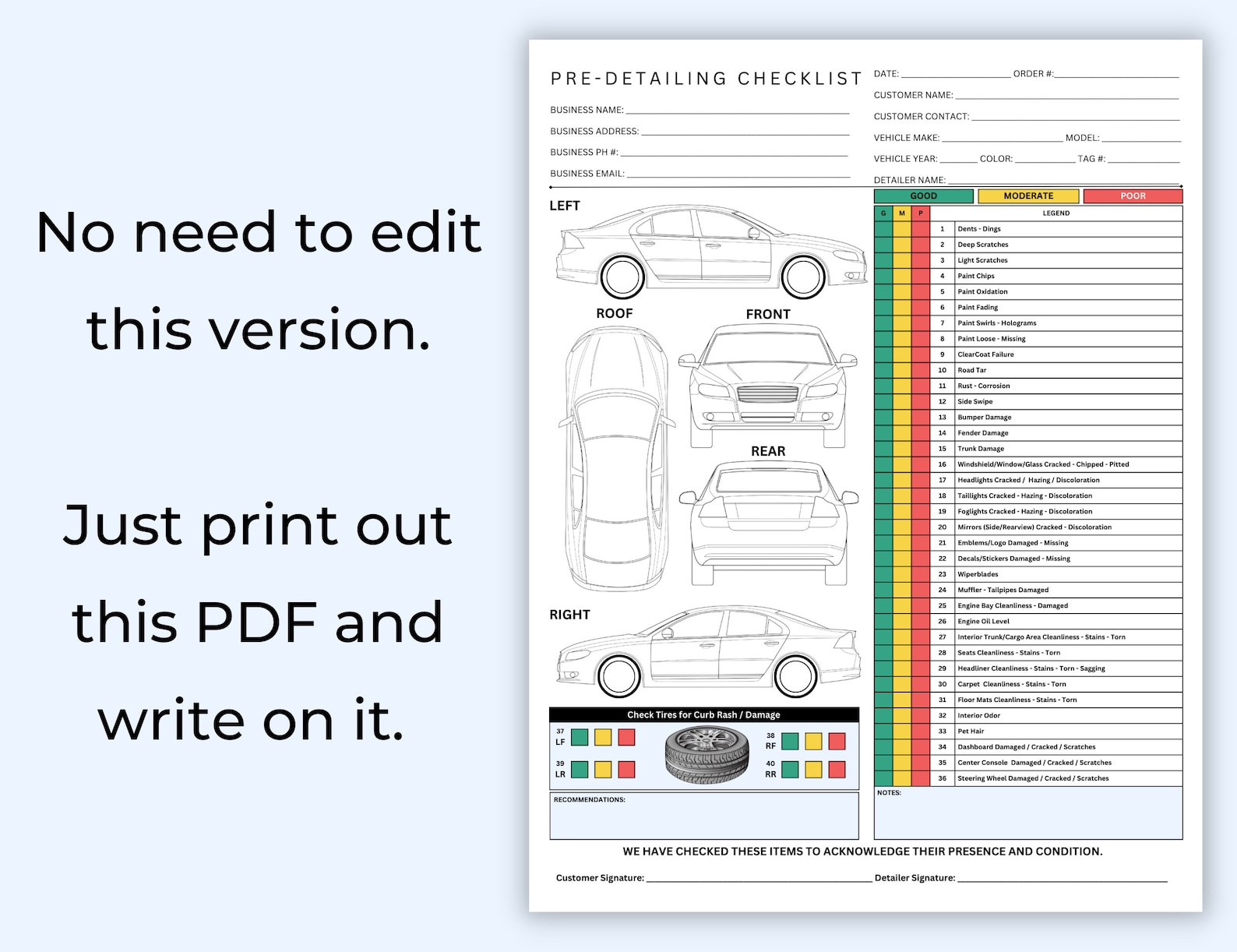 Pre-detailing Vehicle Inspection Checklist, Editable Checklist Template ...