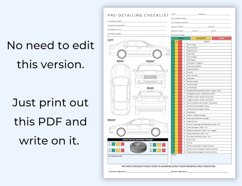 Pre-detailing Vehicle Inspection Checklist, Editable Checklist Template ...