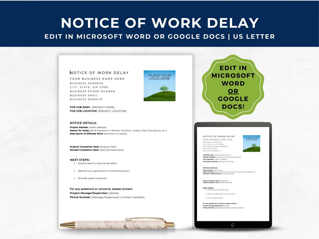 Work Delay Notice Template, Project Delay Letter, Client Notice, Job ...