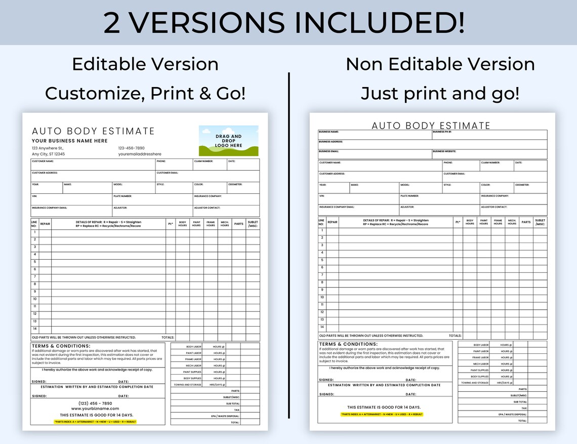 Auto Body Estimate, Editable Estimation Template, Auto Body Repair ...