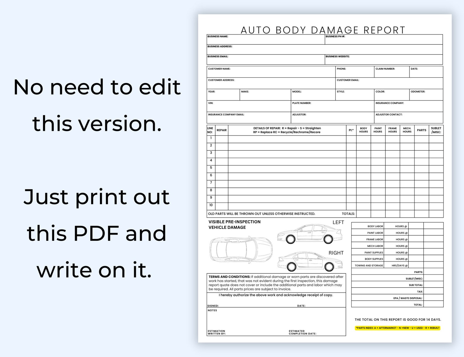 Auto Body Damage Report, Editable Estimation Template, Car Repair Quote ...