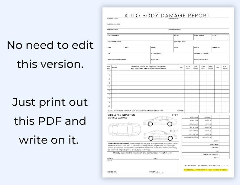 Auto Body Damage Report, Editable Estimation Template, Car Repair Quote ...