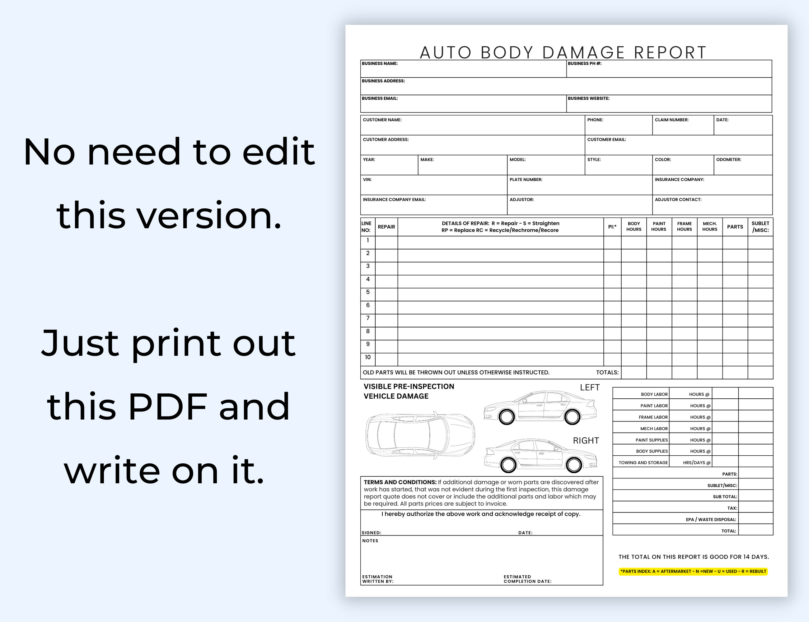 Auto Body Damage Report, Editable Estimation Template, Car Repair Quote ...