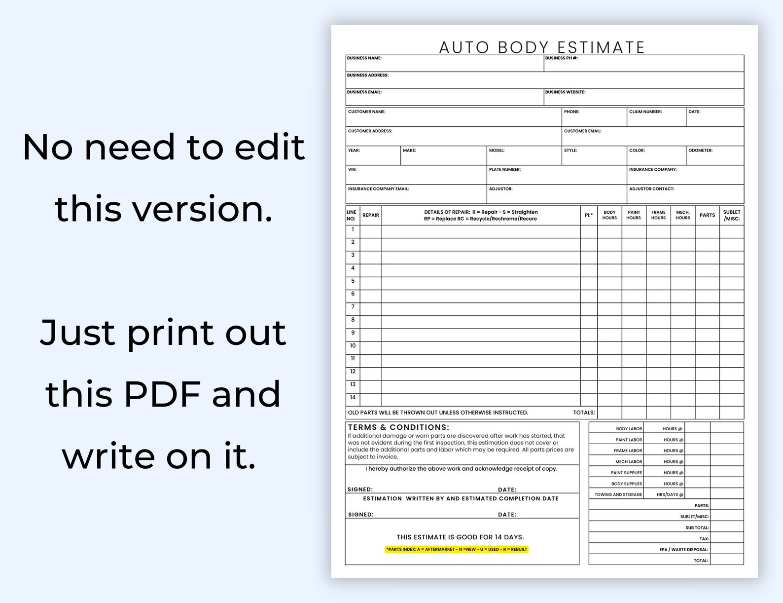 Auto Body Estimate, Editable Estimation Template, Auto Body Repair ...