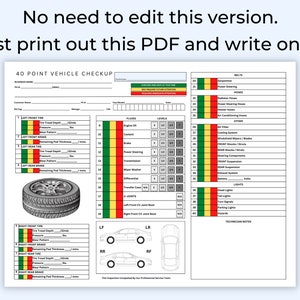 Vehicle Inspection Checklist, 40 Point Vehicle Checkup, Editable ...