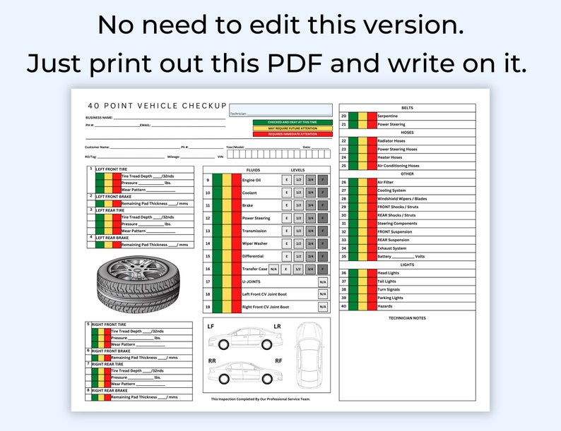 Vehicle Inspection Checklist, 40 Point Vehicle Checkup, Editable ...