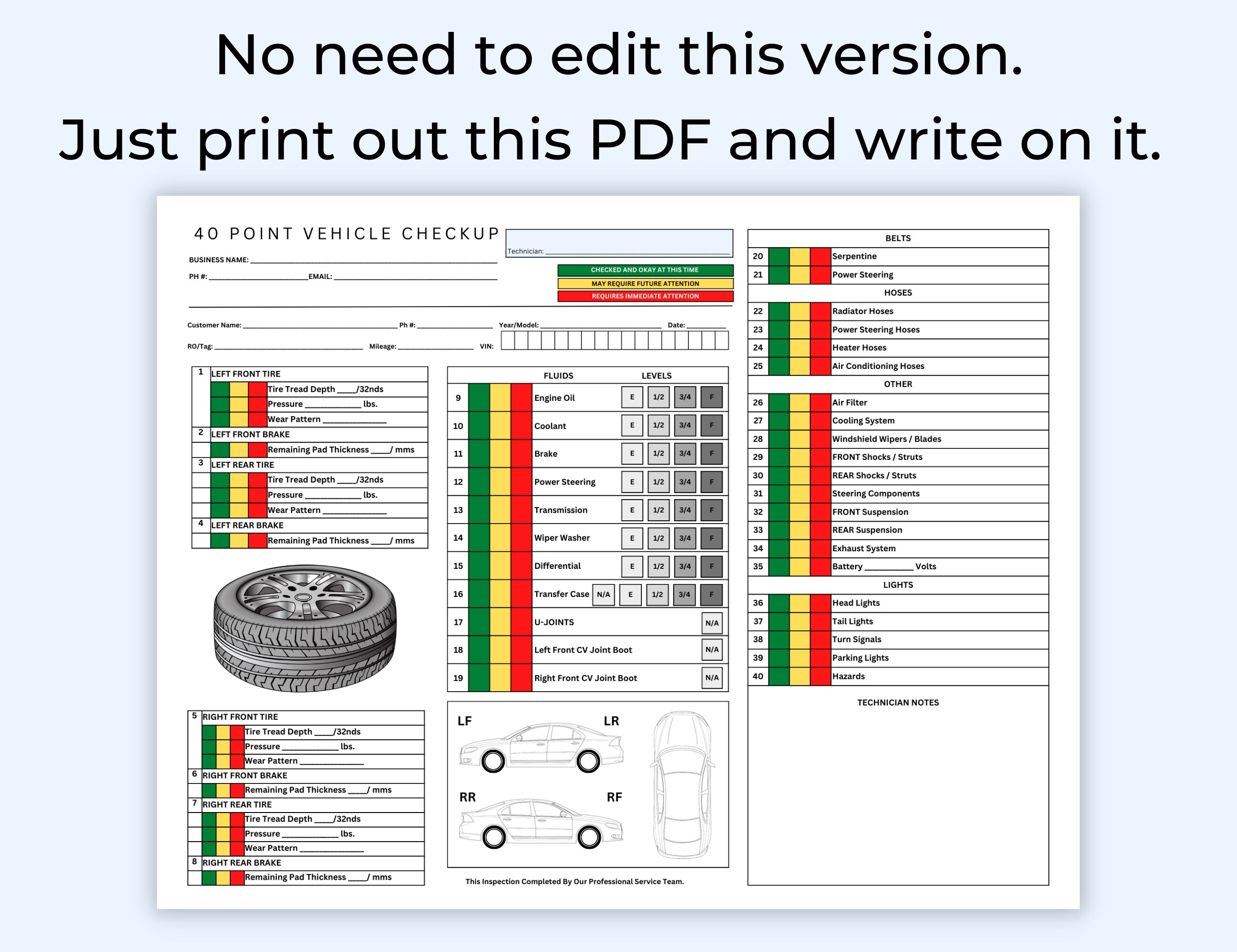 Vehicle Inspection Checklist, 40 Point Vehicle Checkup, Editable ...