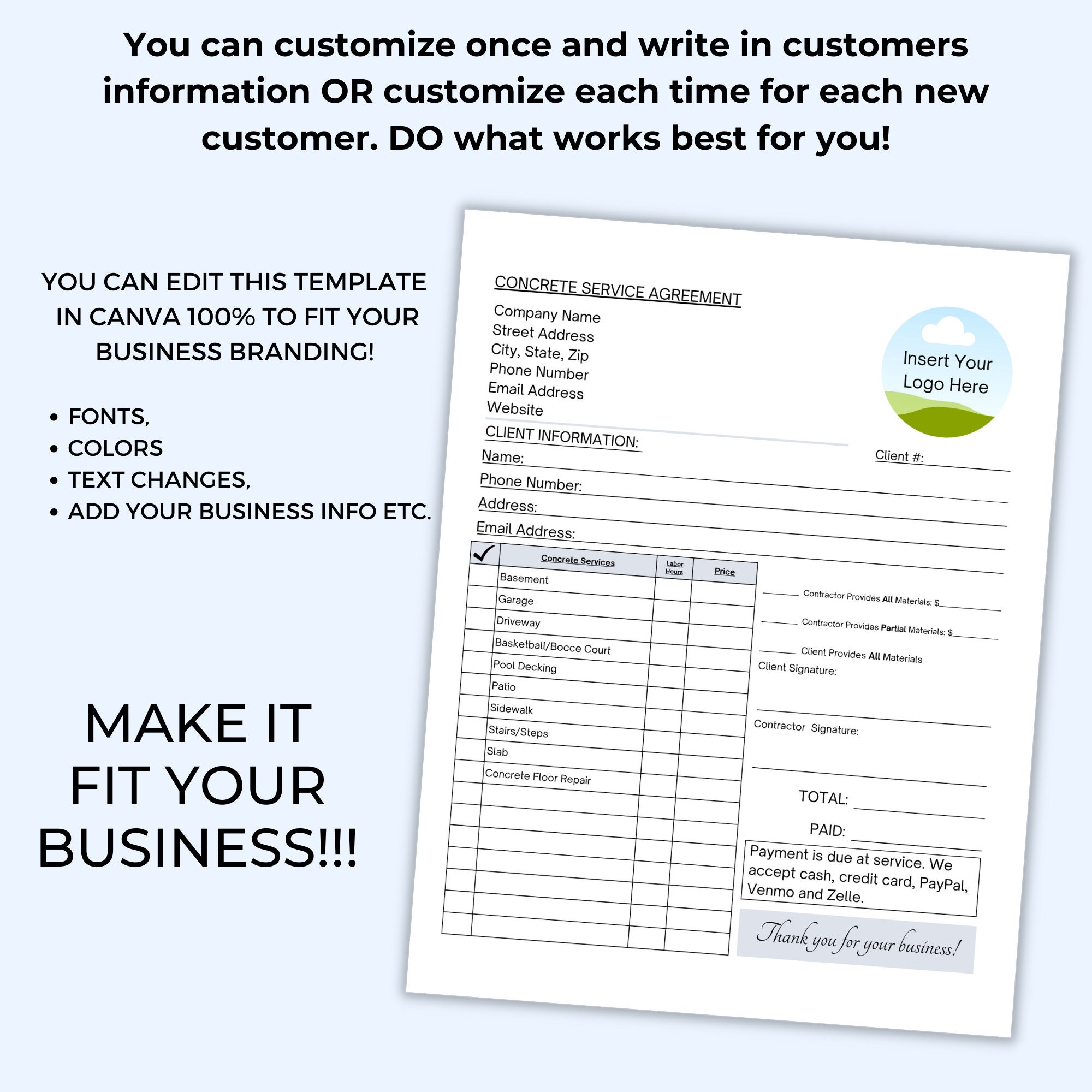 Concrete Service Agreement, Cement Service Agreement, Editable Template ...