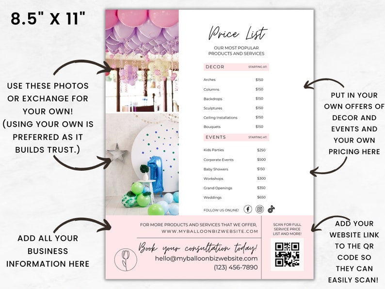 Balloon Decor Price List, Balloon Business Price List Template, Price ...