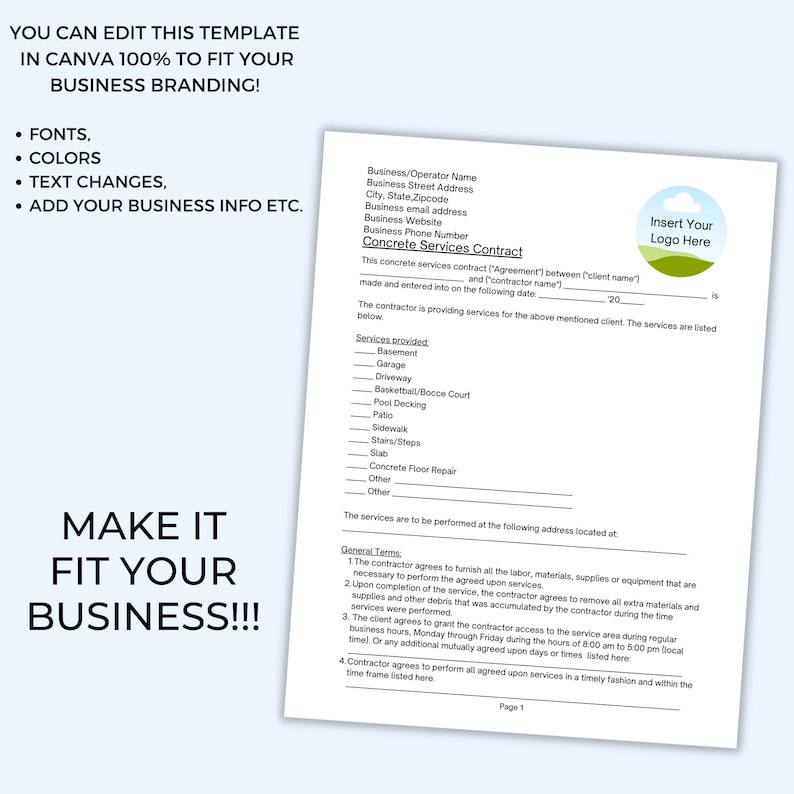 Concrete Contract, Cement Contract, Editable Template, Concrete Service ...