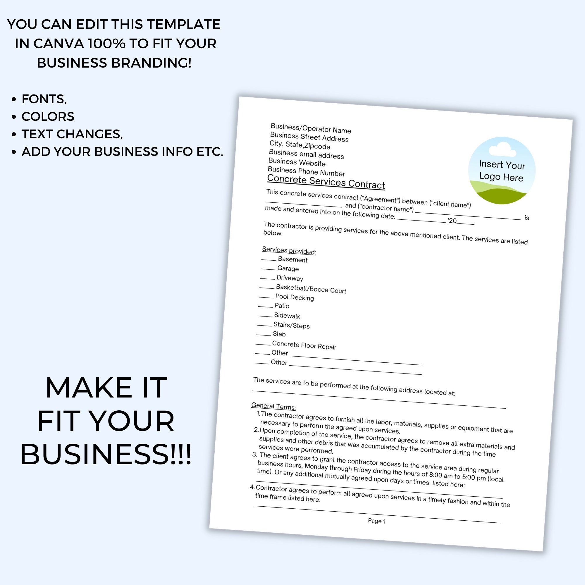 Concrete Contract, Cement Contract, Editable Template, Concrete Service ...