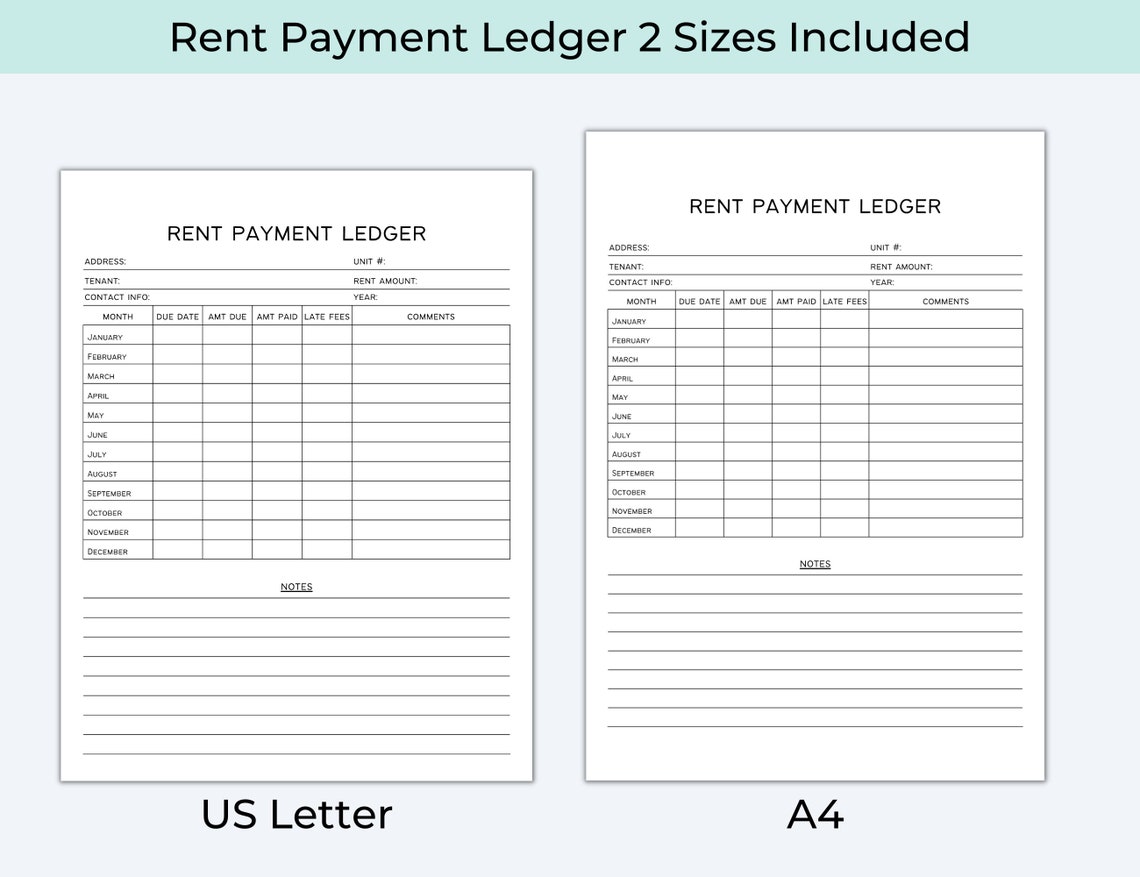 Printable Rent Payment Ledger, Monthly Rent Payment, Landlord Ledger ...