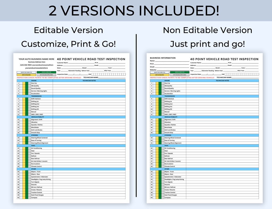 40 Point Vehicle Road Test Inspection Checklist, Editable Template ...