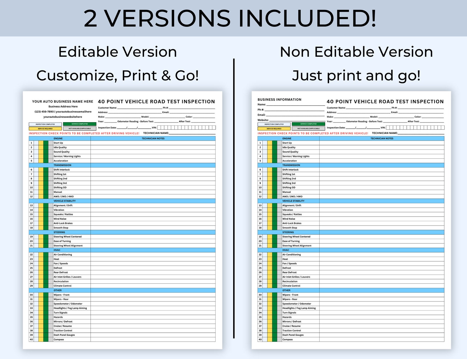 40 Point Vehicle Road Test Inspection Checklist, Editable Template ...