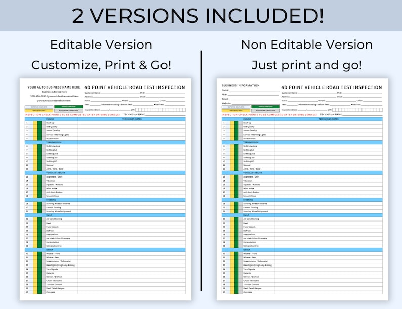 40 Point Vehicle Road Test Inspection Checklist, Editable Template ...