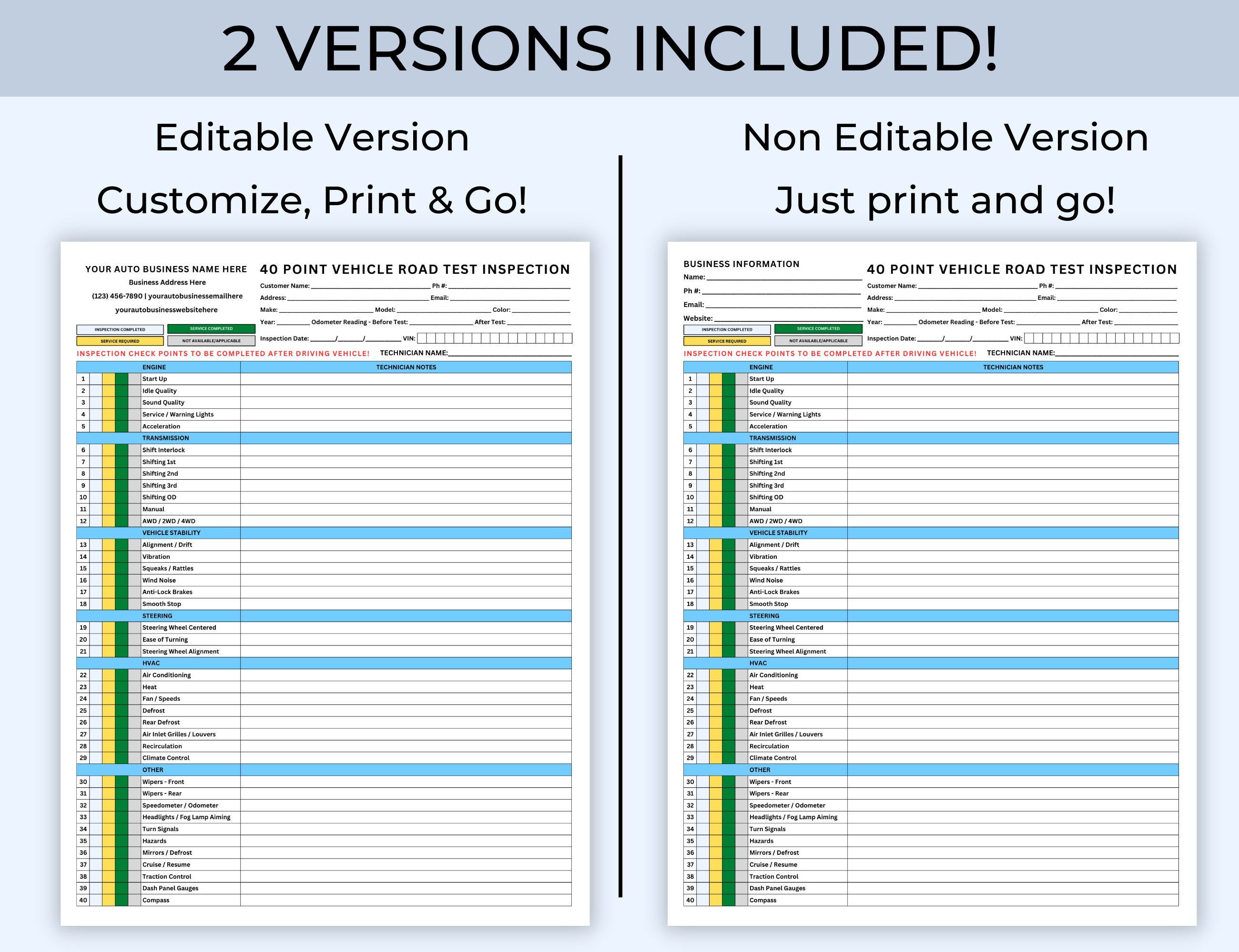 40 Point Vehicle Road Test Inspection Checklist, Editable Template ...