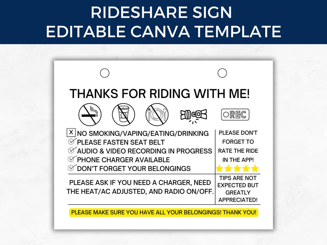 Printable Rideshare Sign, Rideshare Editable Template, Uber Sign, Lyft ...