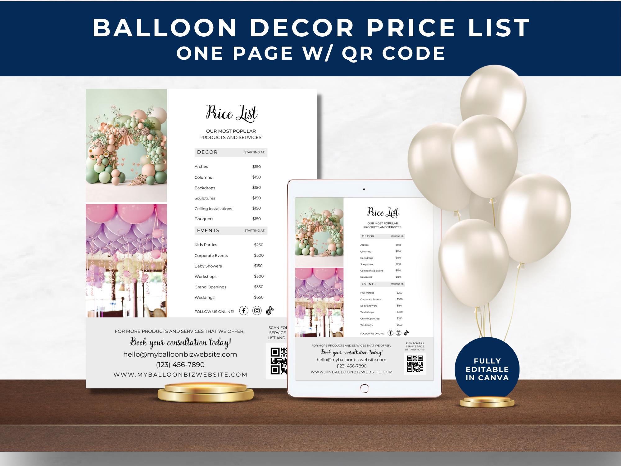 Balloon Decor Price List, Pricing Sheet, Rate Card, Flyer, Balloon ...